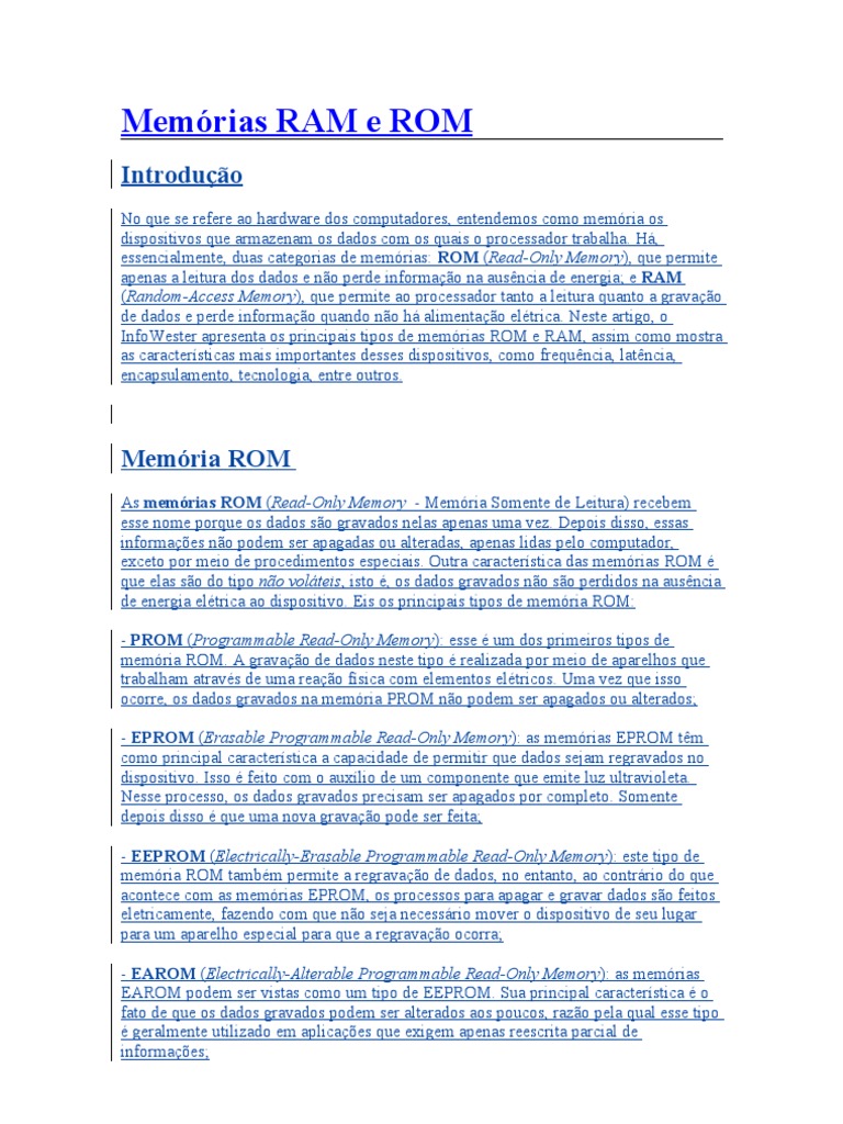 Memórias RAM e ROM | PDF | Memória de Somente Leitura (ROM ...