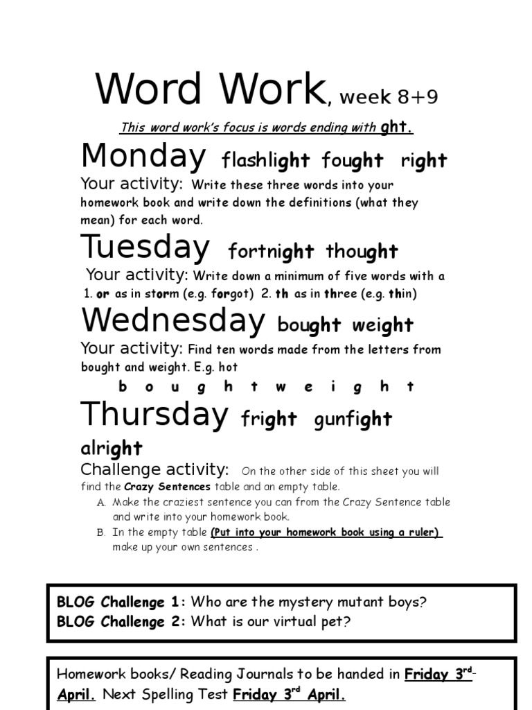 Word Work: GHT Words Activities | PDF