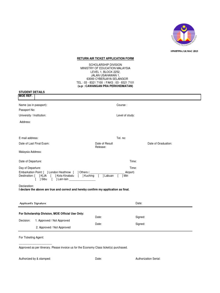 Return Air Ticket Application Form: Kpmbtpra/Ln/Mac 2013 | PDF