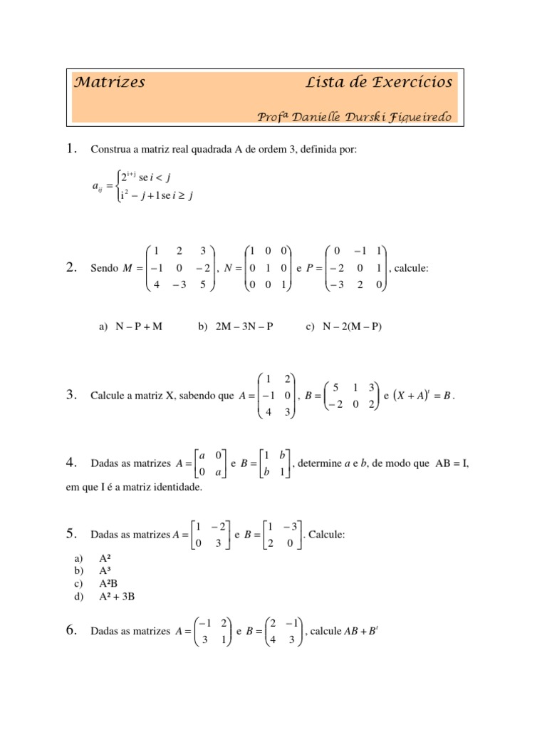 Matrizes: Exercícios sobre operações e propriedades | PDF | Análise ...