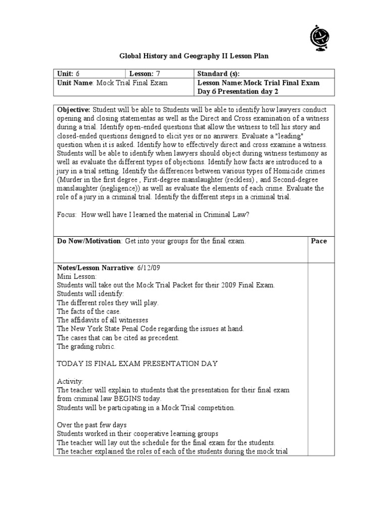 Criminal Law Unit 6 Lesson 6 Lesson Plan (Final Exam Mock Trial Day ...