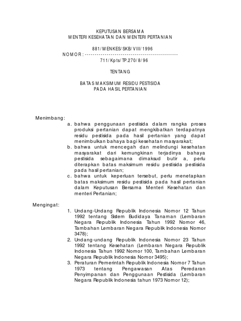 Keputusan Bersama Menkes & Mentan TTG BMR | PDF