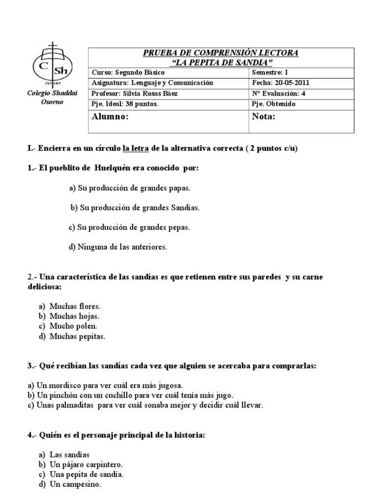 Prueba de Comprensión: La Pepita de Sandía | PDF | Ocio