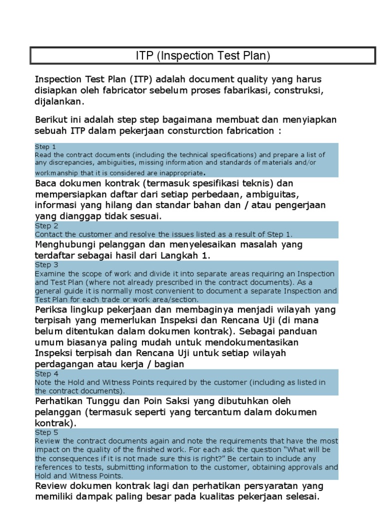 ITP Inspection Test Plan | PDF