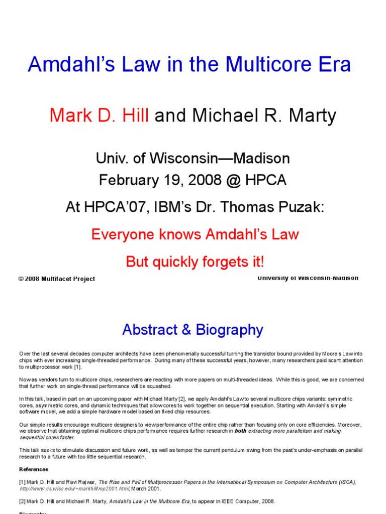 Amdahl's Law in The Multicore Era - HPCA Keynote 02/2008 | PDF | Multi Core Processor | Parallel ...