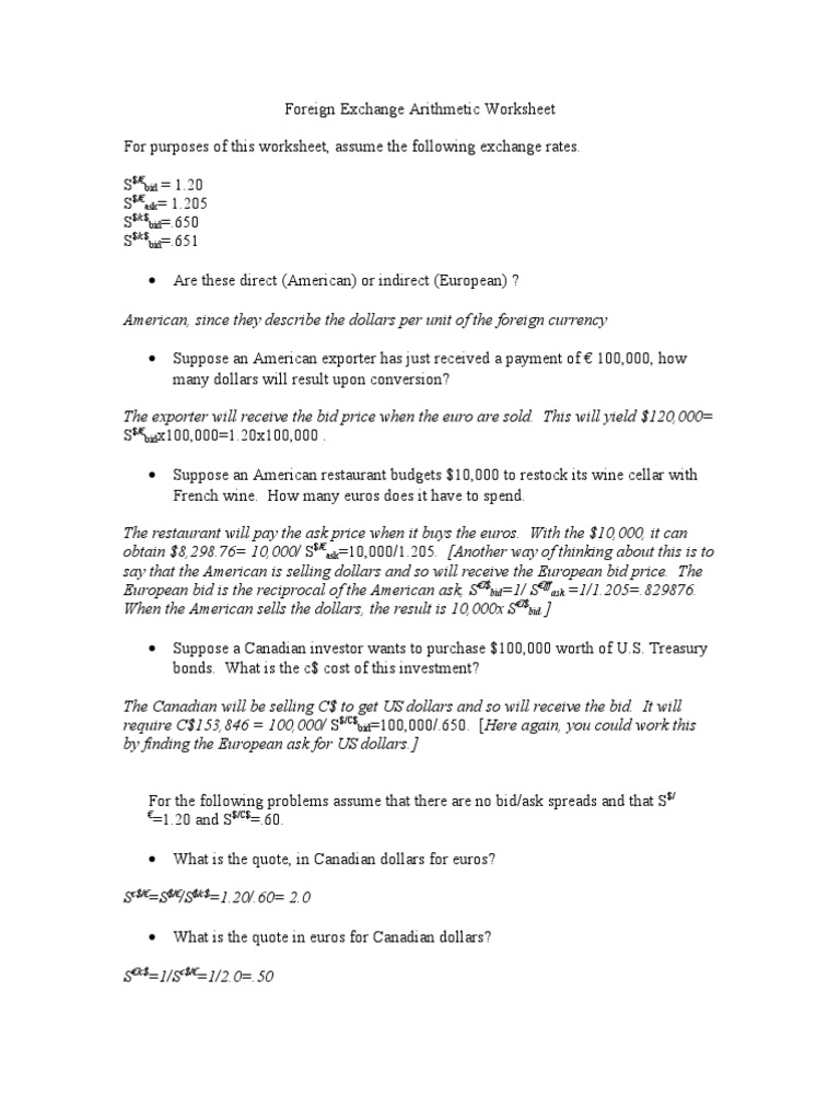 Foreign Exchange Arithmetic Worksheet (With Answers) | PDF | Euro ...