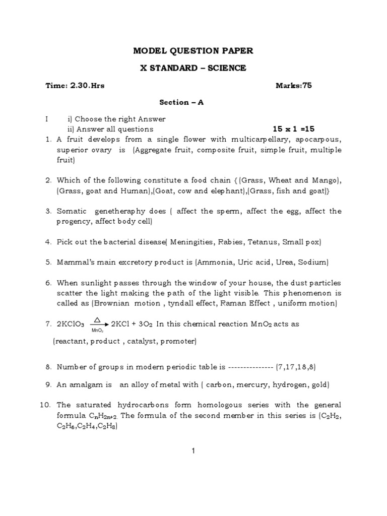 10TH STD - Science MODEL QUESTION PAPER - English | Solution | Lens ...