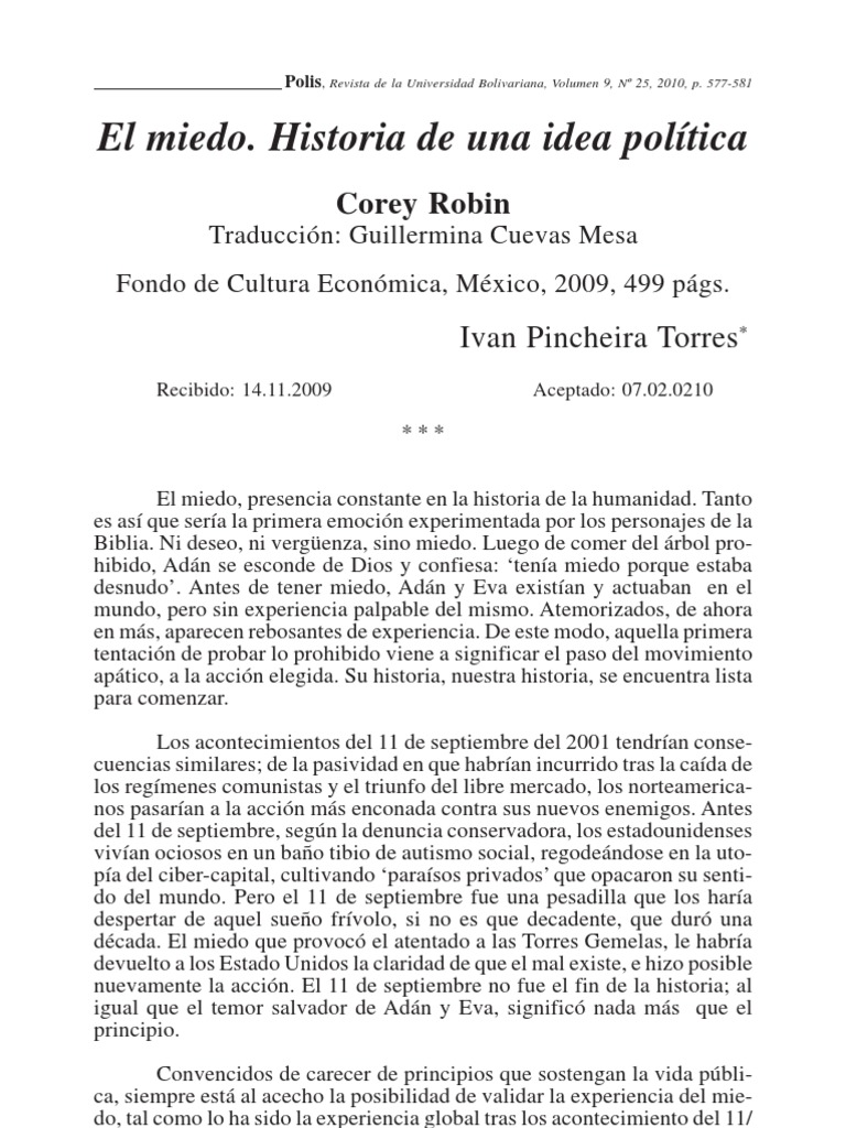 El Miedo. Historia de Una Idea Política. Corey Robin. Guillermina ...