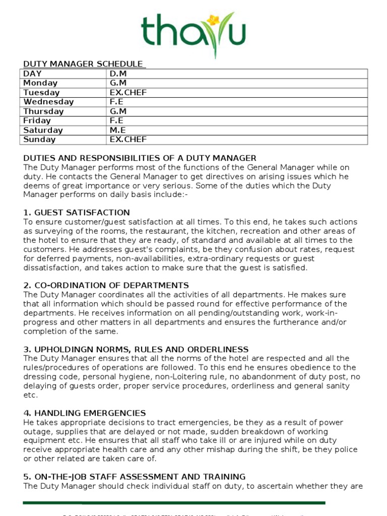 Duty Manager Schedule | PDF | Government | Business