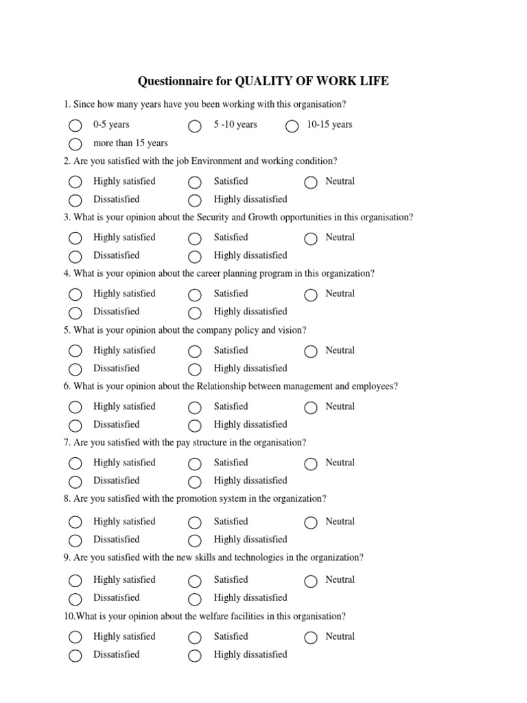 Quality of Work Life Questionnaire | PDF | Employment | Business