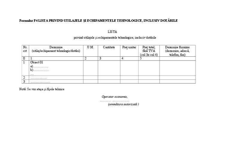Formular F4. Lista Utilaje, Echipamente Inclusiv Dotari Actualizat