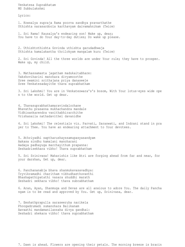 Venkatesa Suprabhatam Lyrics PDF | PDF | Hindu Gods | Theistic Indian ...