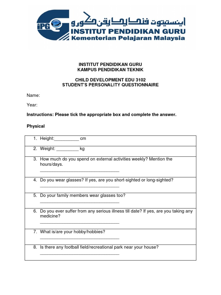 Child Development Questionnare | PDF | Wellness