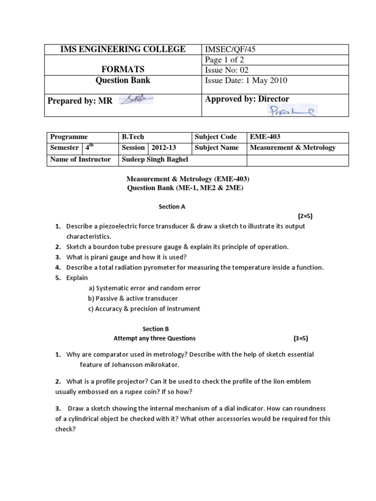 Measurement & Metrology Question Bank | PDF | Interference (Wave ...