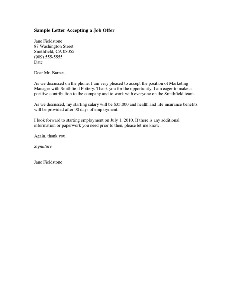 Sample Letter Accepting A Job Offer | PDF