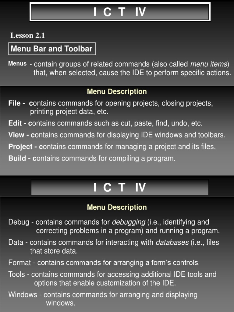 ICT IV Menu Bar and Toolbar Guide | PDF | Integrated Development Environment | Icon (Computing)