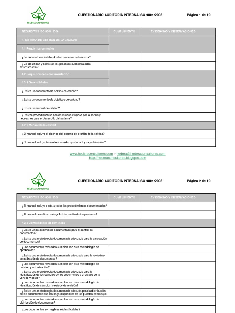 Check List Auditoria Iso 9001 2008 | Gestión de la calidad | Calidad ...
