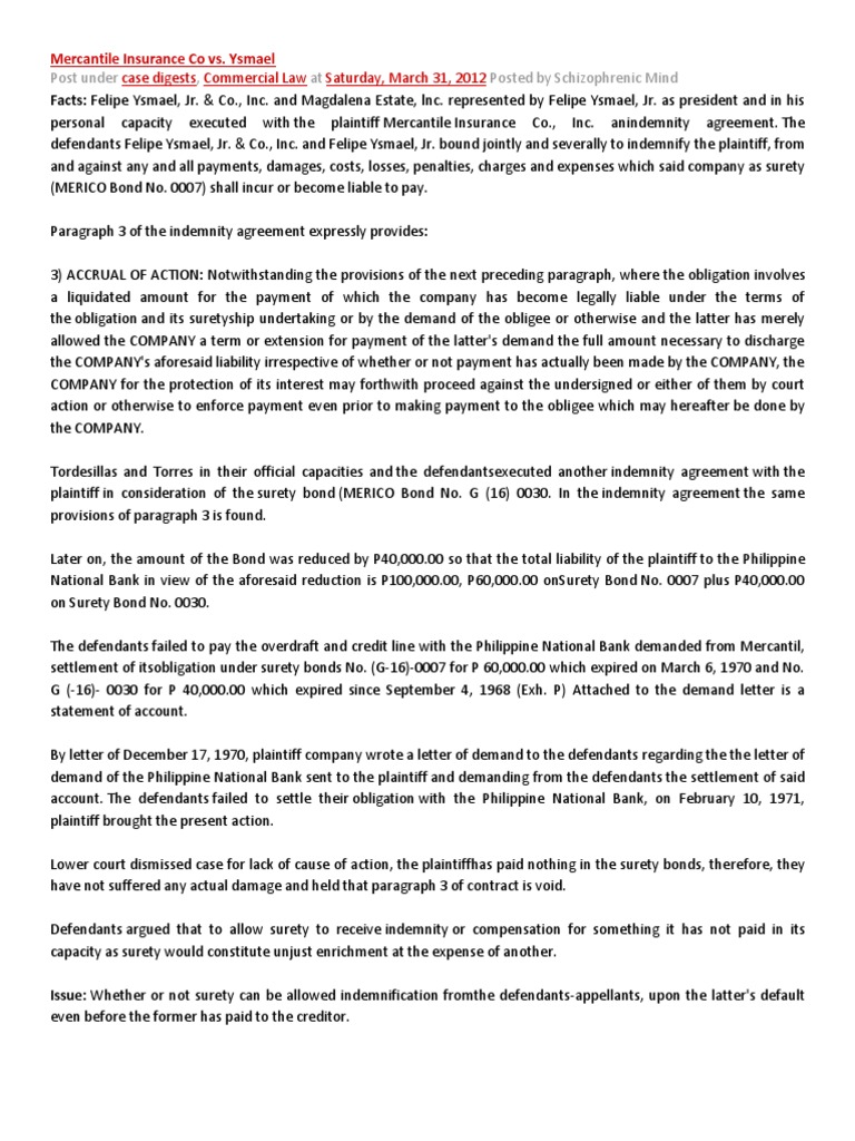 Mercantile Insurance Co Vs | PDF | Surety Bond | Indemnity
