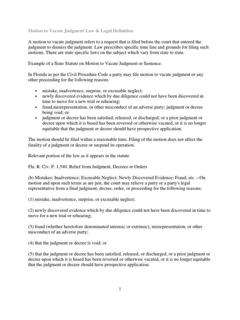 Motion to Vacate Judgment Explained | PDF | Judgment (Law) | Civil Law ...