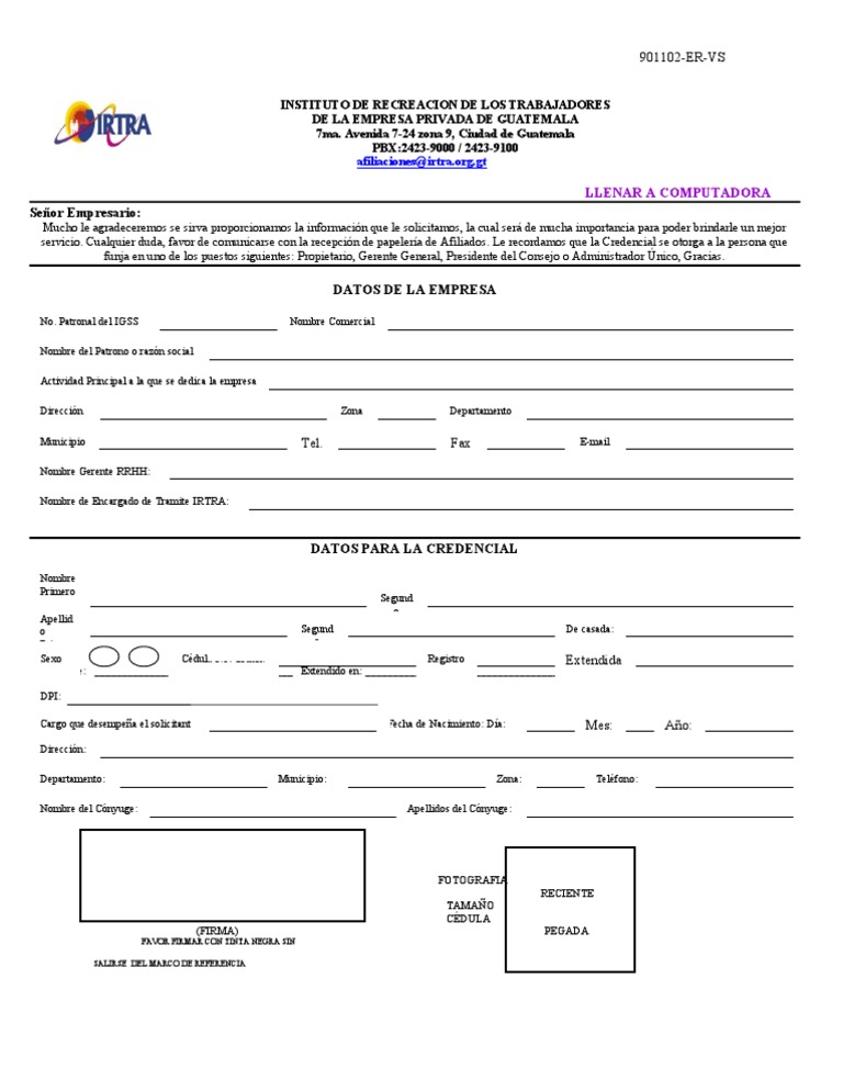 Copia de Boleta para Credencial de Patrono, IRTRA | PDF