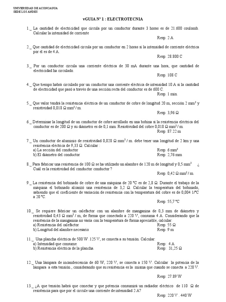 Guia Nº 1 Pdf Resistencia Eléctrica Y Conductancia Corriente