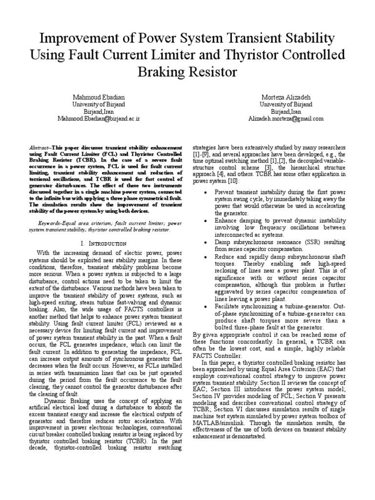 Improvement of Power System Transient Stability Using Fault Current Limiter and Thyristor ...