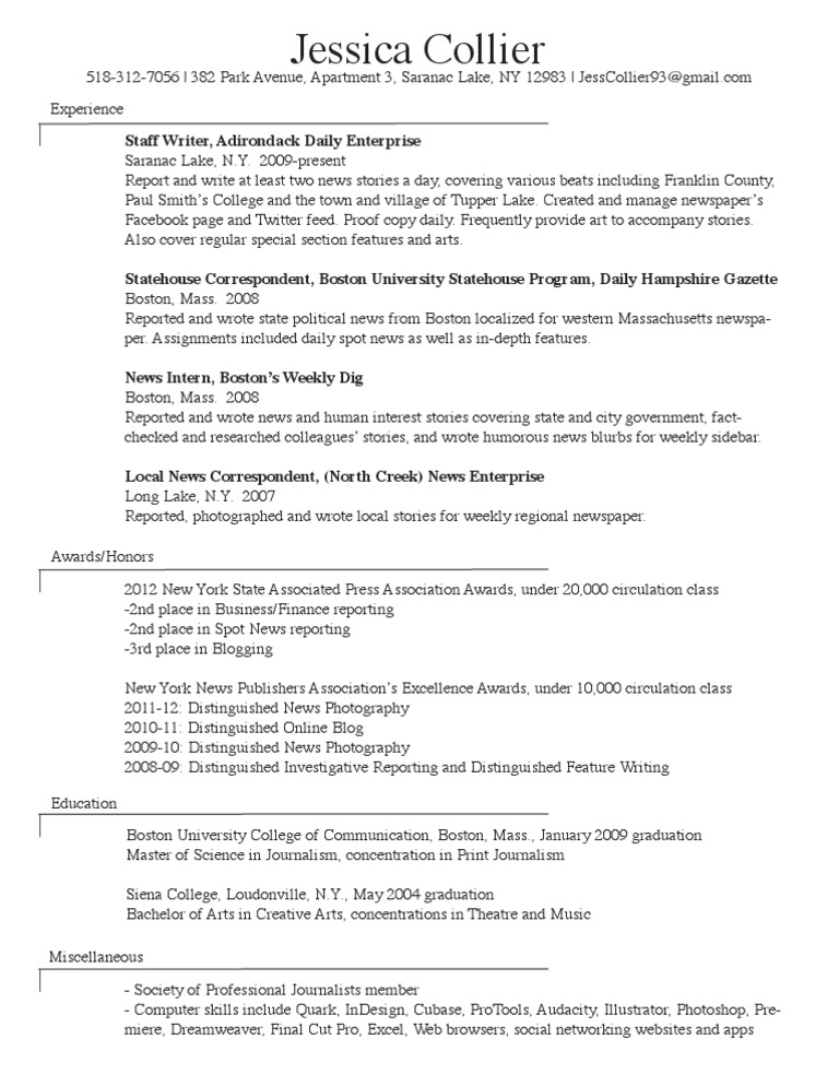 Jessica Collier: Experienced Journalist Resume | PDF