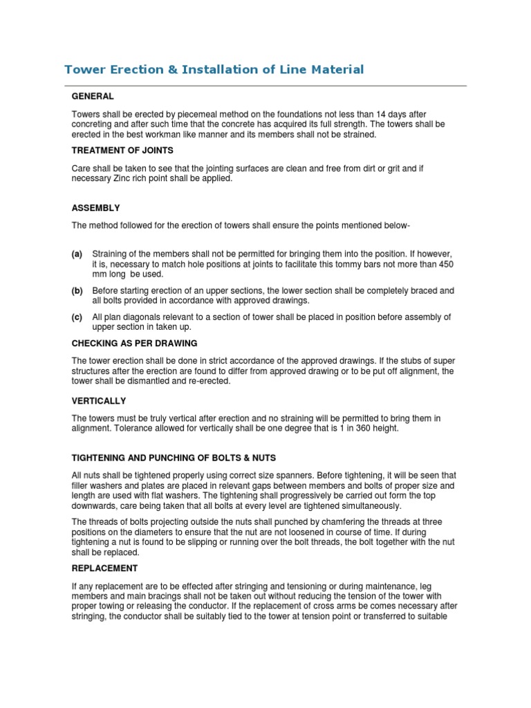 Tower Erection & Installation of Line Material: General | PDF | Insulator (Electricity) | Screw
