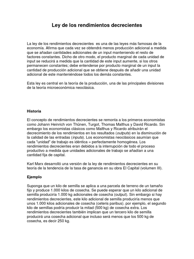 Ley De Los Rendimientos Decrecientes Pdf Teorías Económicas