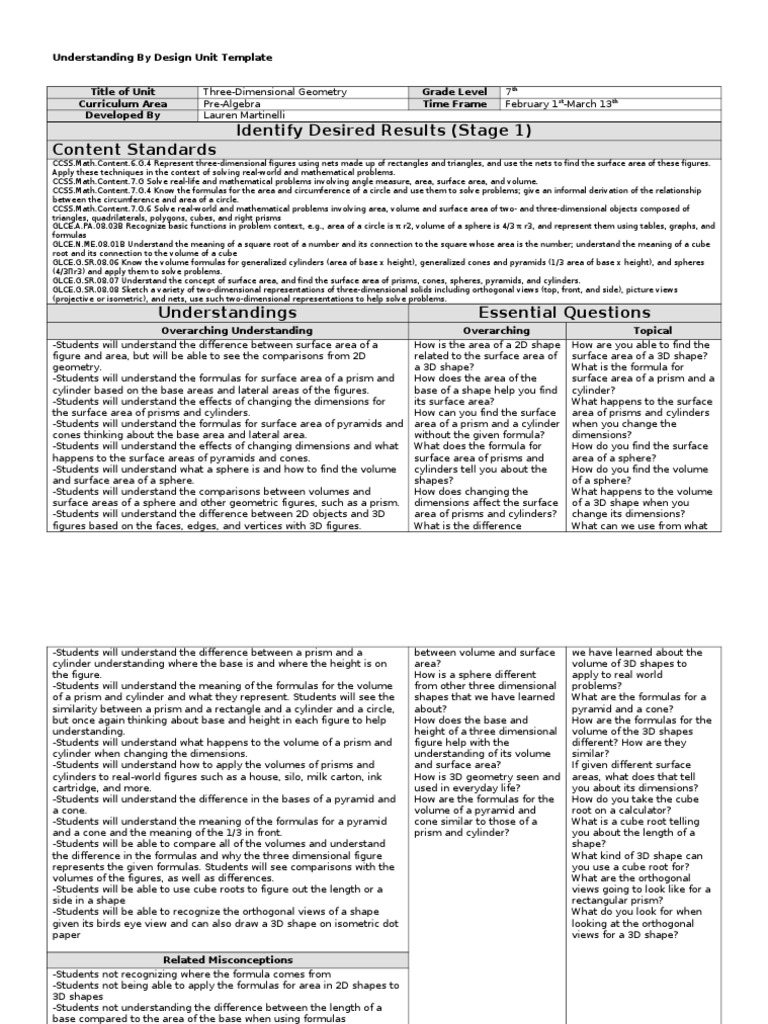 7th Grade 3D Geometry Unit Plan | PDF | Area | Surface Area