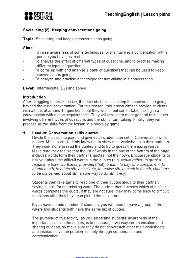 Socialising 2 - Keeping Conversations Going - Lesson Plan | PDF ...