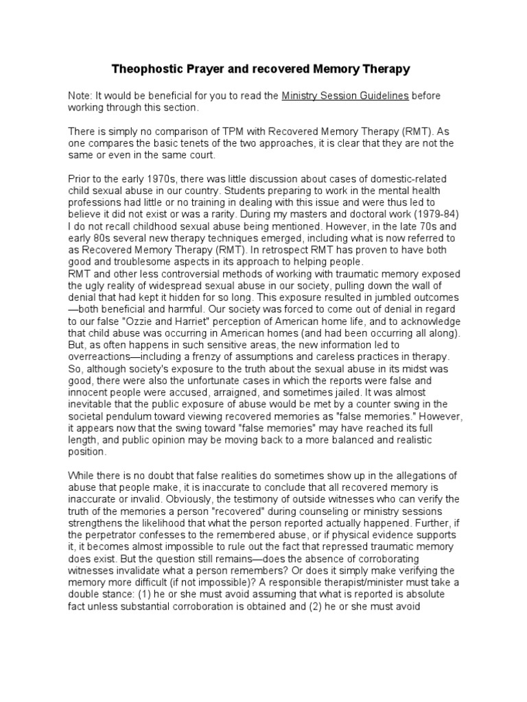 Theophostic Prayer and Recovered Memory Therapy | PDF | Memory ...