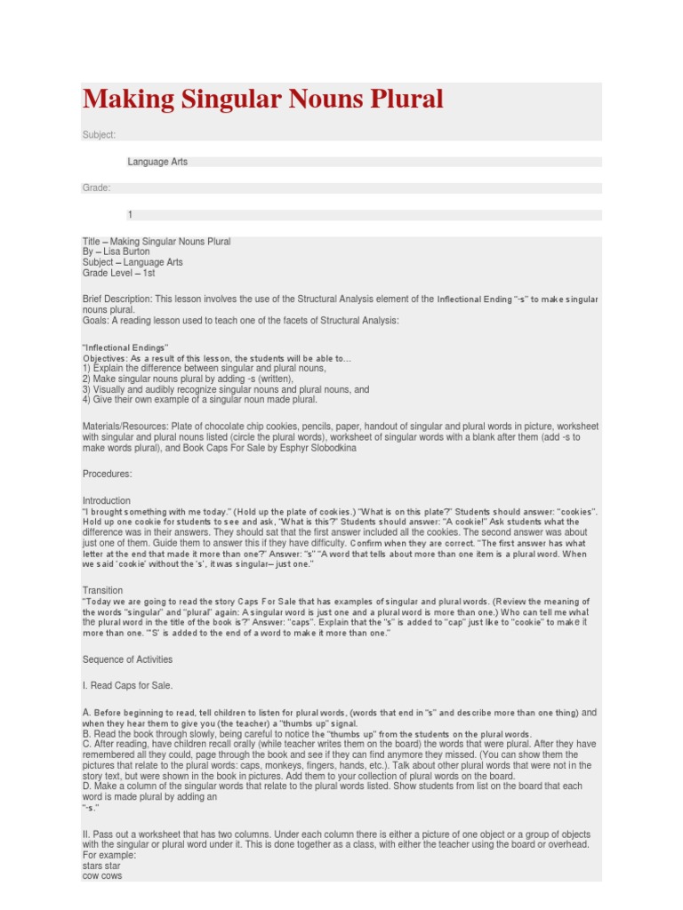 Singular to Plural Nouns Lesson Plan | PDF | Grammatical Number | Plural