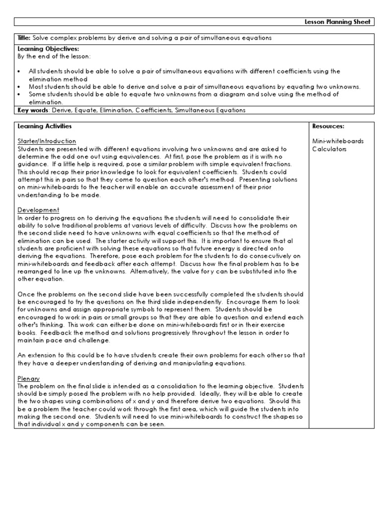 Lesson Plan Simultaneous Equations With Different Coefficients Pdf