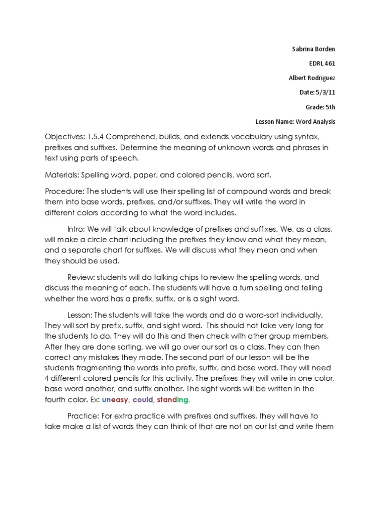 Word Analysis Lesson | Word | Homework