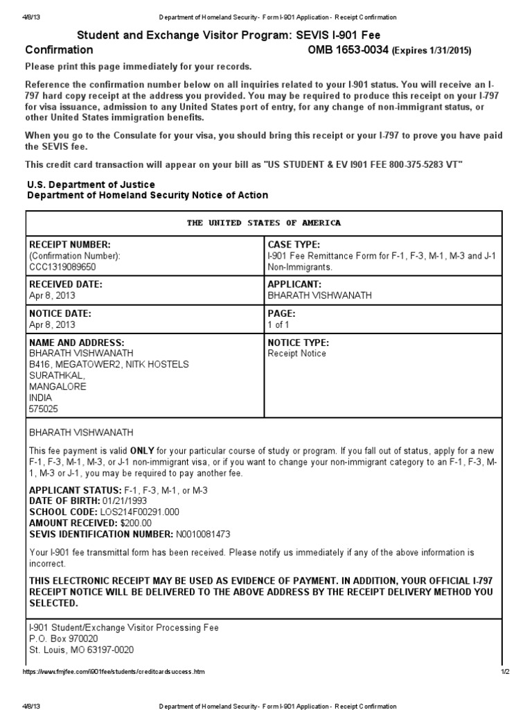 Department of Homeland Security - Form I-901 Application - Receipt ...