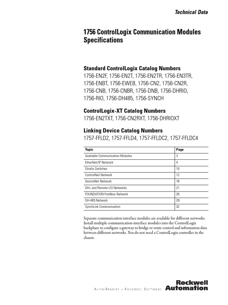 1756 Controllogix Communication Modules Specifications: Standard ...