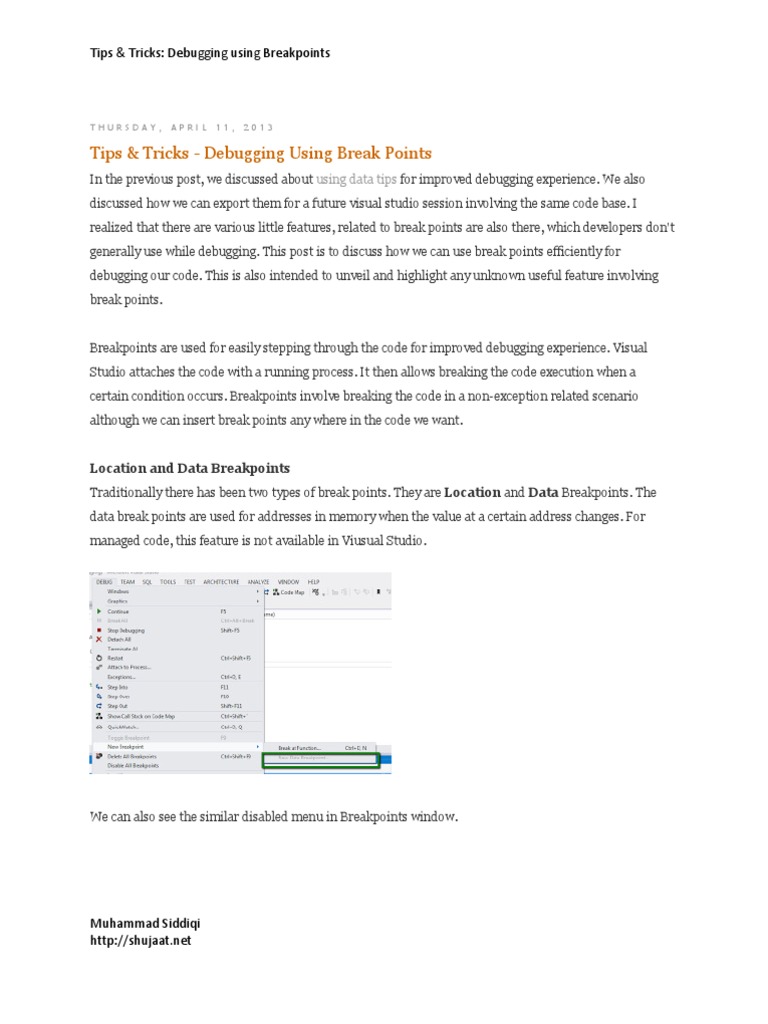 Debugging Using Break Points | PDF | Microsoft Visual Studio | Keyboard Shortcut