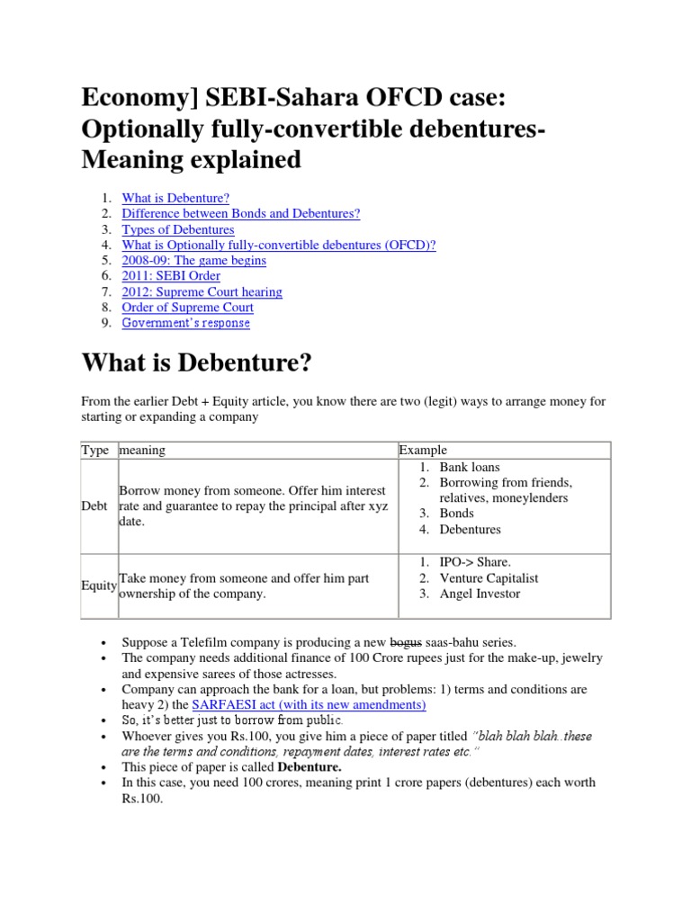 Economy) SEBI-Sahara OFCD Case: Optionally Fully-Convertible Debentures ...