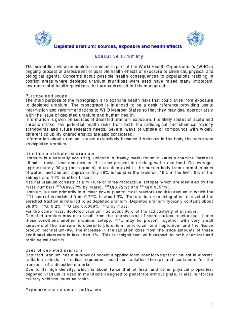 Depleted Uranium: Sources, Exposure and Health Effects: Executive ...