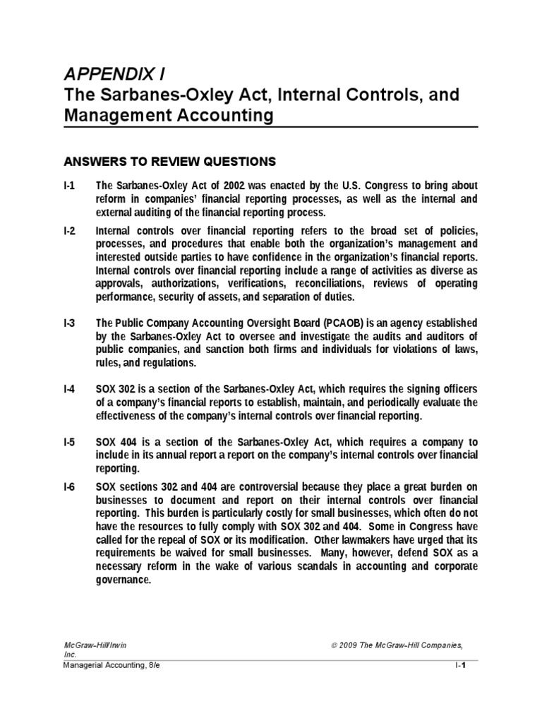 The Sarbanes-Oxley Act, Internal Controls, and Management Accounting ...