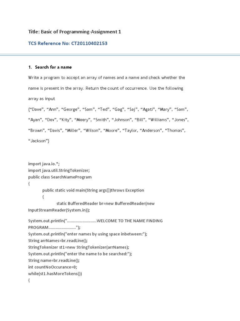 TCS Reference No: CT20110402153: Title: Basic of Programming-Assignment 1 | PDF | Text File ...