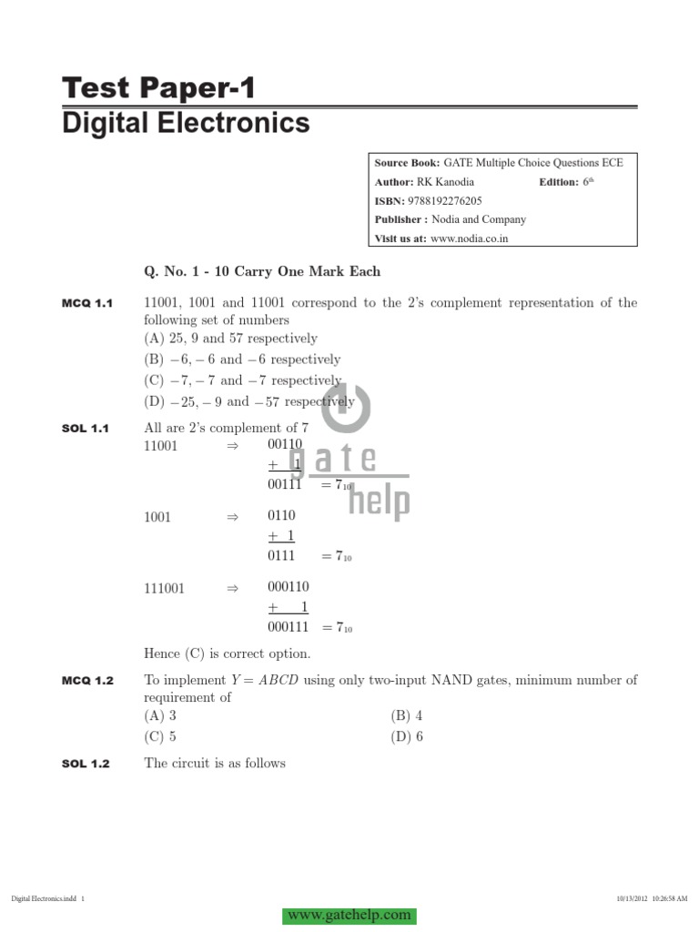 GATE Digital Electronics Test Paper 1 | PDF | Digital Electronics ...
