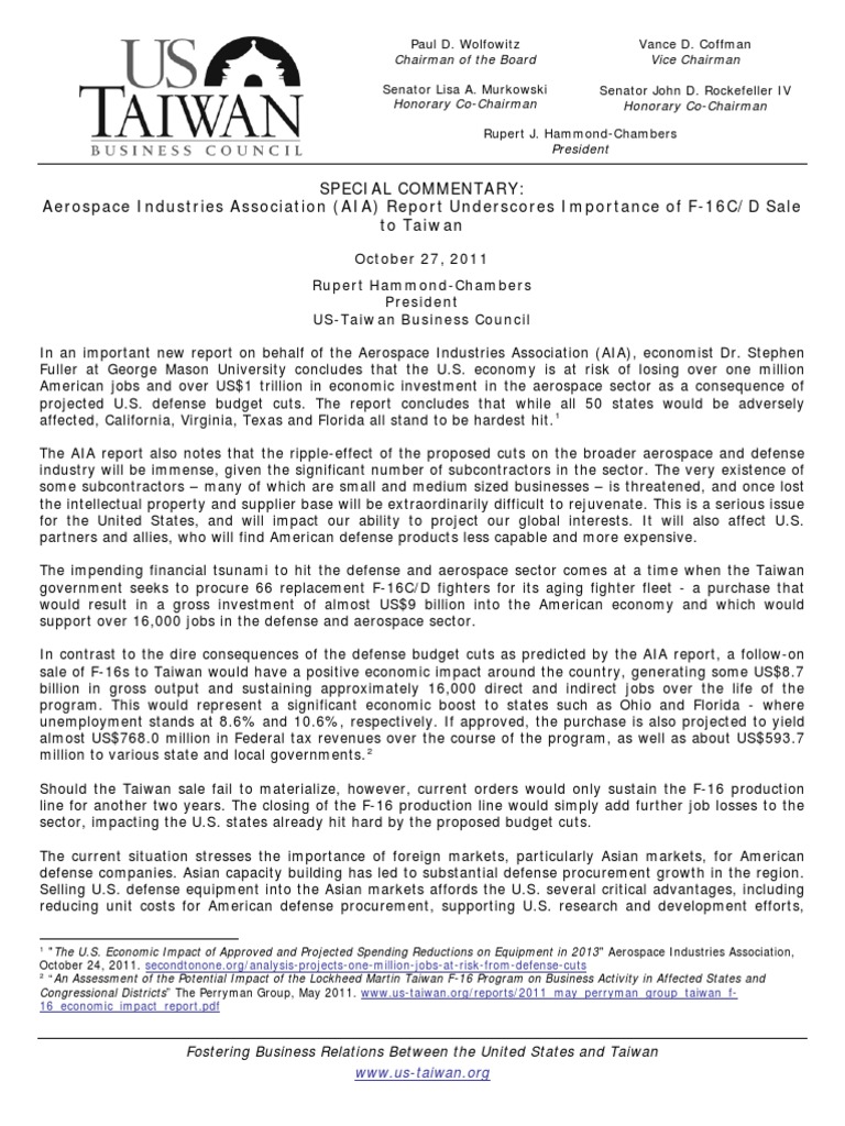 2011 October27 Aia Report Underscores Importance of Taiwan F-16s | PDF ...