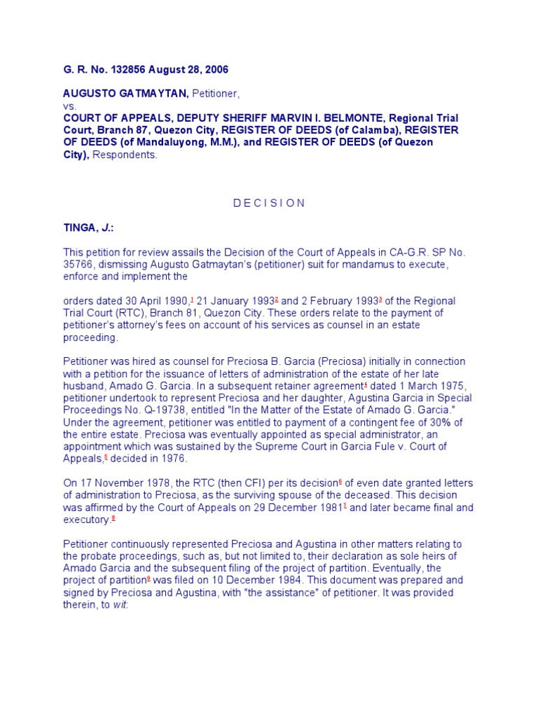 Augusto Gatmaytan vs. Court of Appeals, Et Al | PDF | Mandamus | Legal ...