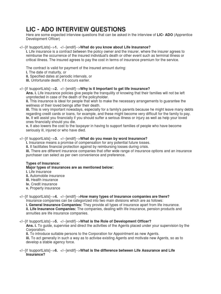 Lic - Ado Interview Questions | Download Free PDF | Life Insurance ... Lic - Ado Interview Questions | Download Free PDF | Life Insurance ...