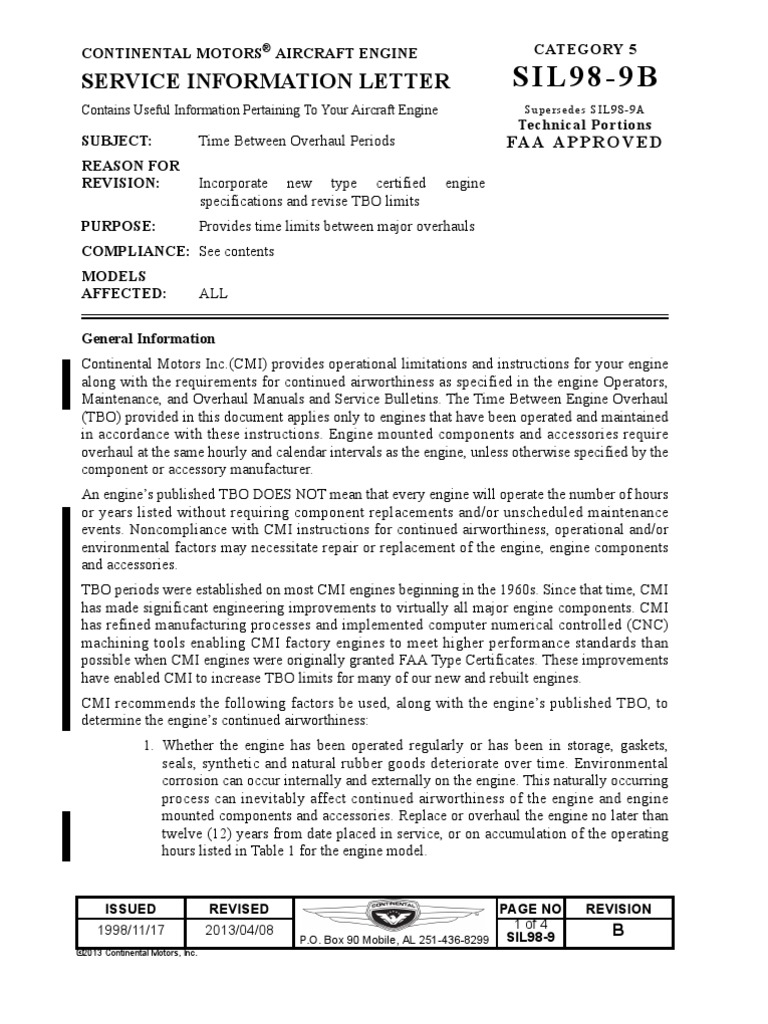 SIL98-9B: Service Information Letter | PDF | Cylinder (Engine) | Engines