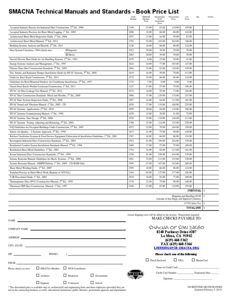 SMACNA Technical Manuals and Standards - Book Price List: SMACNA of San ...