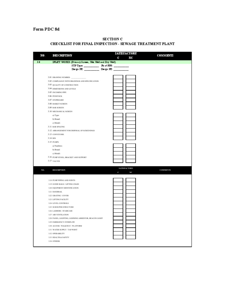 Checklist Form PDC 8d For Final Inspection - Sewerage Treatment Plant ...