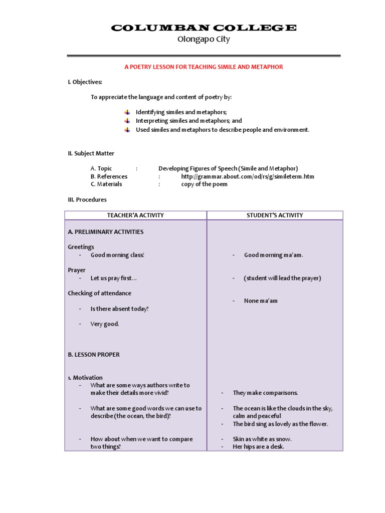 A Poetry Lesson For Teaching Simile and Metaphor | PDF | Metaphor ...